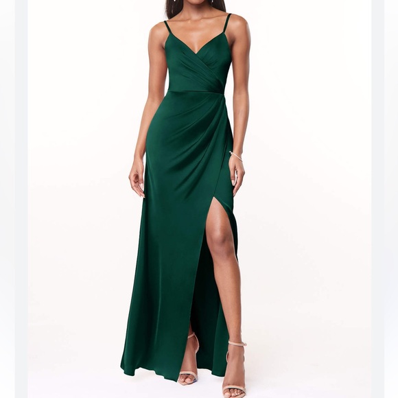Blashe | Dresses | Blashe Green Satin Vneck Spaghetti Strap Slit ...